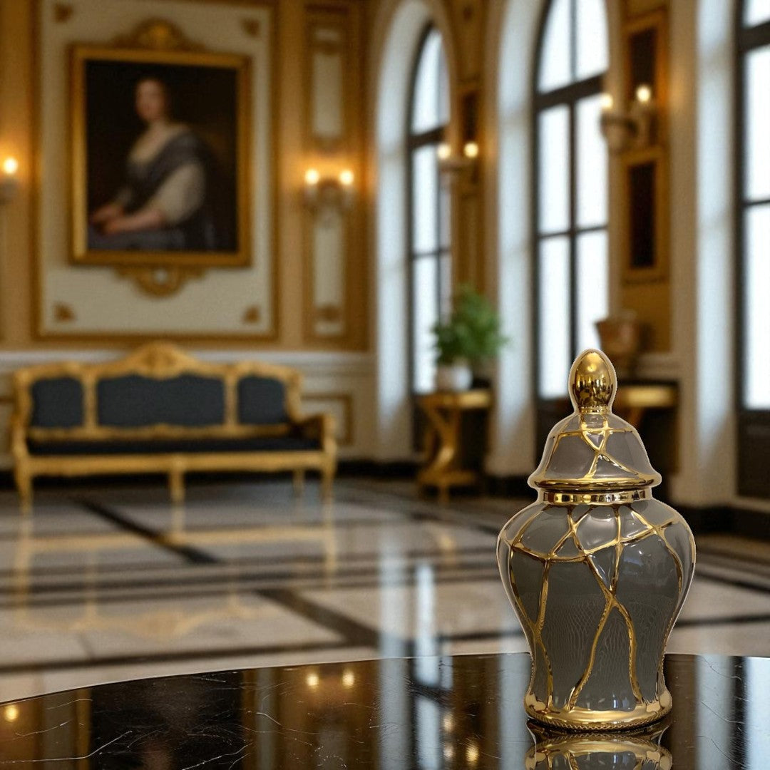 Luxury Grey & Gold Ceramic Candy Jar – Dekor by Daniyal